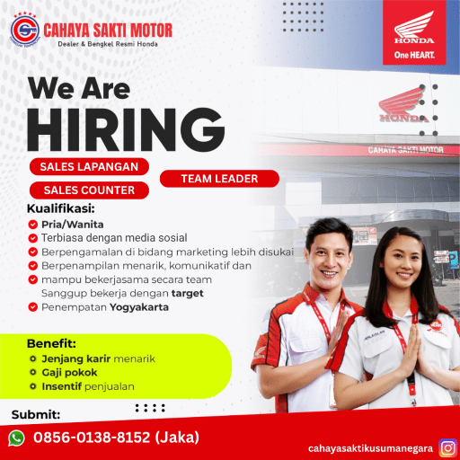 Lowongan Kerja Sales Lapangan - Sales Counter - Team Leader di Cahaya Sakti Motor Kusumanegara ...