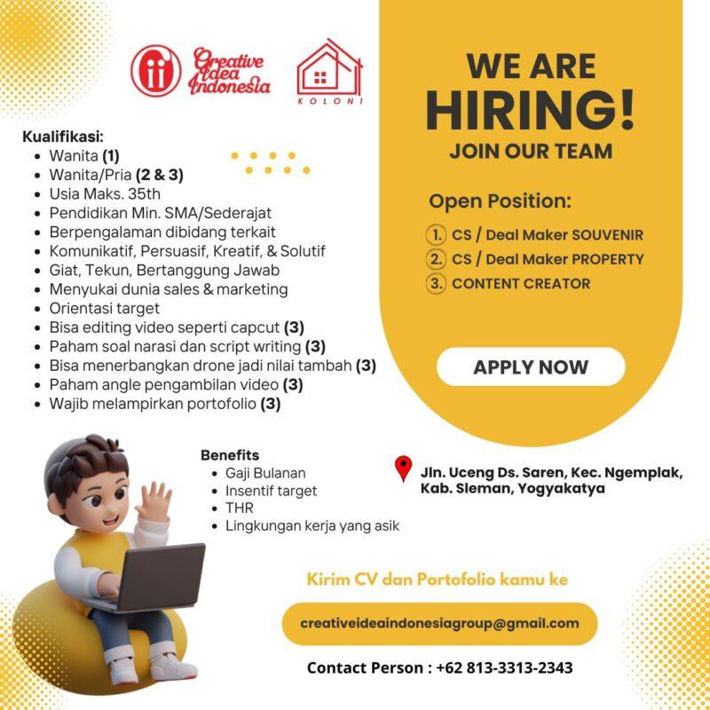 Lowongan Kerja CS / Deal Maker Souvenir - CS / Deal Maker Property - Content Creator di Creative ...