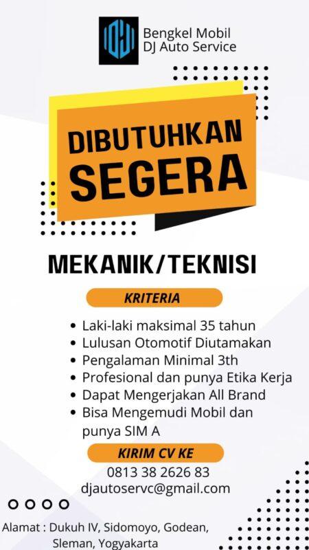 Lowongan Kerja Mekanik/Teknisi di DJ Auto Service - LokerJogja.ID