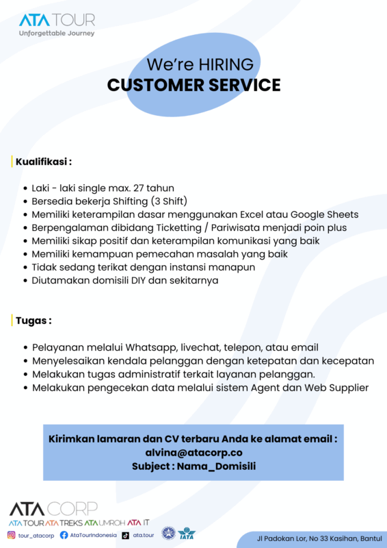 Lowongan Kerja Customer Service di PT. Anugerah Tetap Abadi (ATA Corp ...