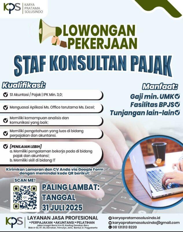 Lowongan Kerja Staf Konsultan Pajak di PT. Karya Pratama Solusindo - LokerJogja.ID