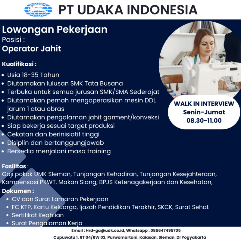 Lowongan Kerja Operator Jahit di PT. Udaka Indonesia - LokerJogja.ID