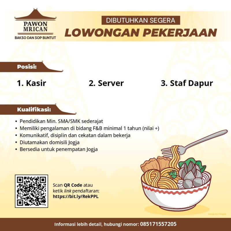 Lowongan Kerja Kasir - Staf Dapur - Server di Pawon Mrican (PT. Proteina Pangan Lestari ...