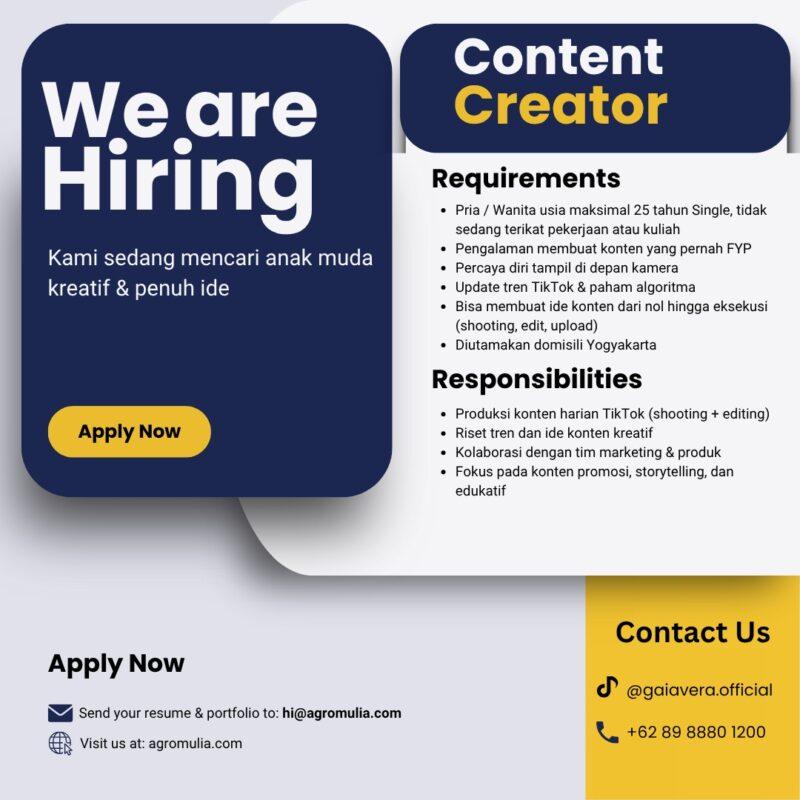 Lowongan Kerja Content Creator Tiktok di PT. Agro Mulia Internasional - LokerJogja.ID
