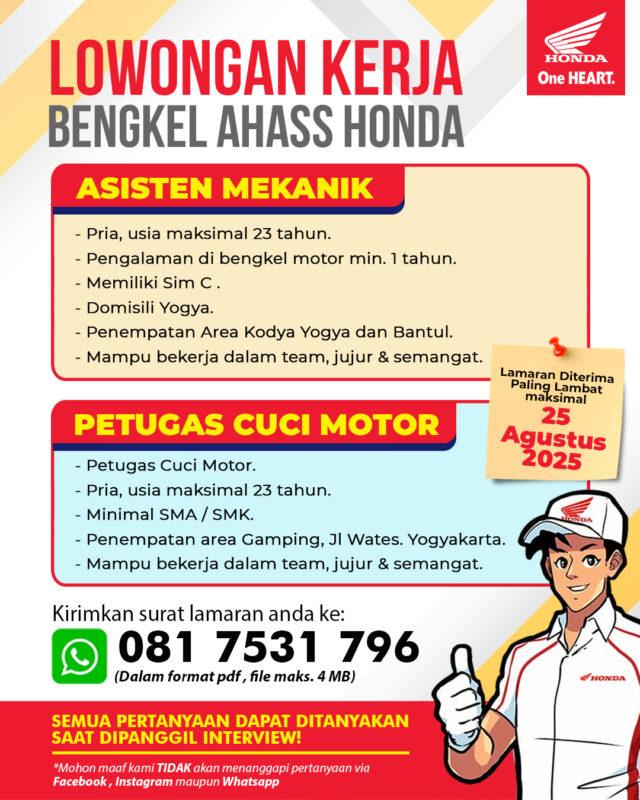Lowongan Kerja Asisten Mekanik - Petugas Cuci Motor di Bengkel AHASS ...