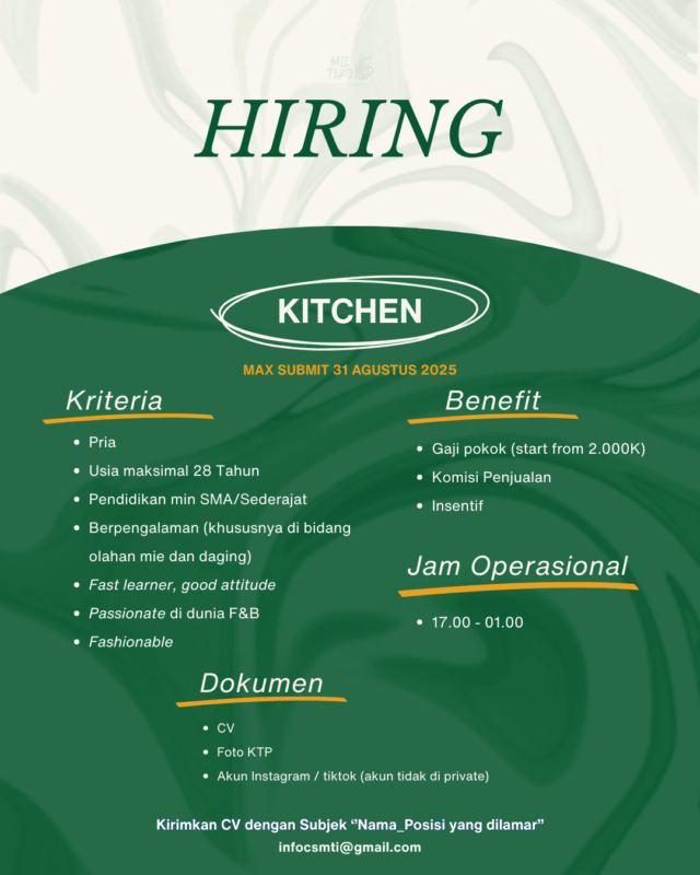 Lowongan Kerja Kitchen - Cashier - Server - Helper di Mie Teko ...