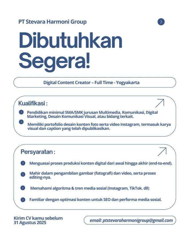 Lowongan Kerja Digital Content Creator di PT. Stevara Harmoni Group - LokerJogja.ID