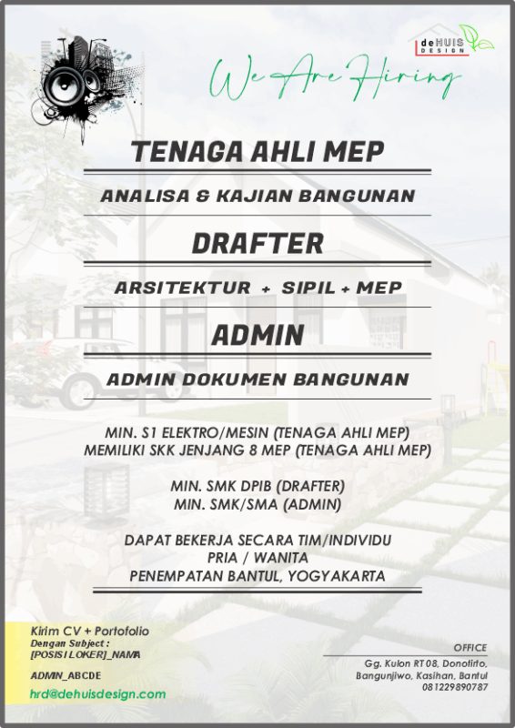 Lowongan Kerja Drafter - Admin - Tenaga Ahli MEP di PT. Dehuis Design ...