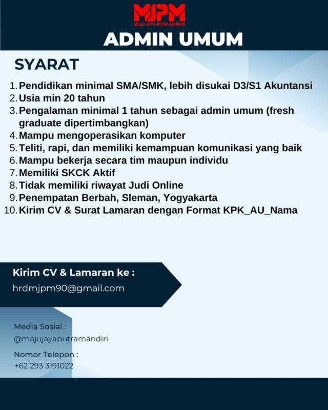 Lowongan Kerja Admin Umum di PT. Maju Jaya Putra Mandiri - LokerJogja.ID