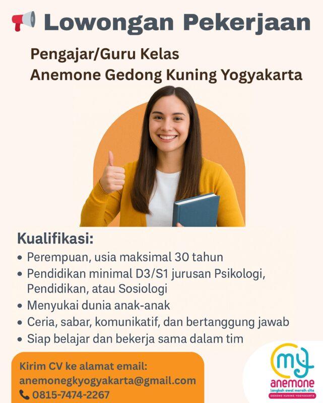 Lowongan Kerja Pengajar/Guru Kelas di Anemone Gedong Kuning - LokerJogja.ID