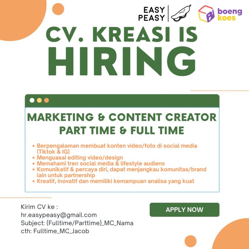 Lowongan Kerja Marketing & Konten Kreator - Admin Operasional Gudang - Kitchen Fulltime Godean ...