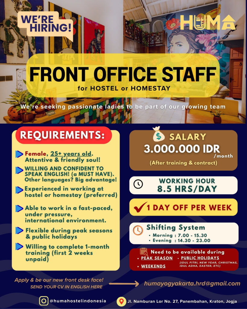 Lowongan Kerja Front Office Staff di Huma Hostel Yogyakarta - LokerJogja.ID