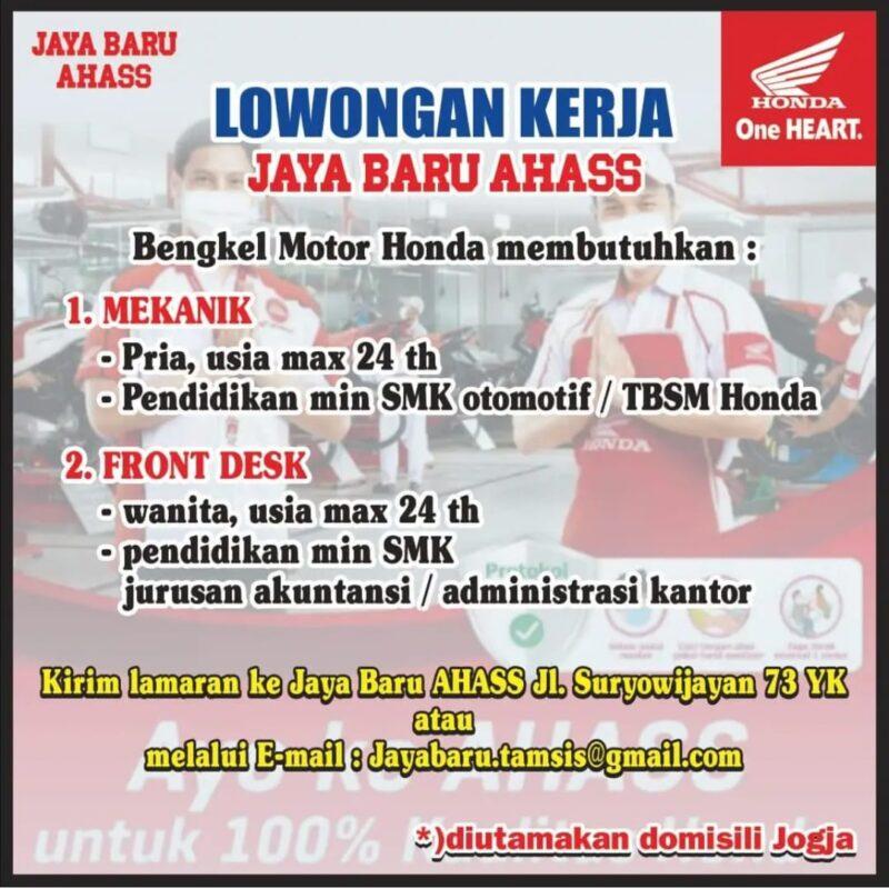 Lowongan Kerja Mekanik - Front Desk di Jaya Baru Ahass - LokerJogja.ID