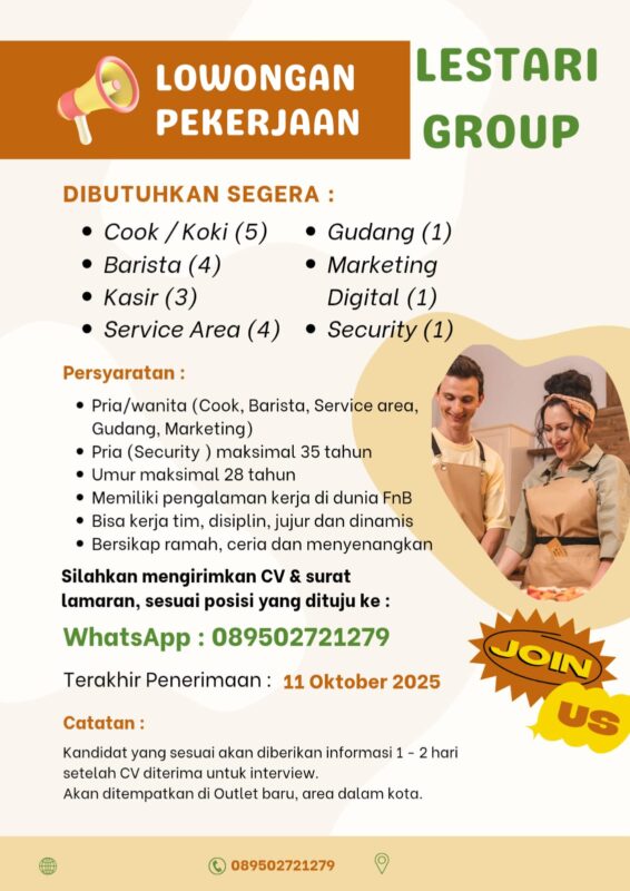 Lowongan Kerja Cook/Koki - Barista - Kasir - Service Area - Gudang - Marketing Digital ...