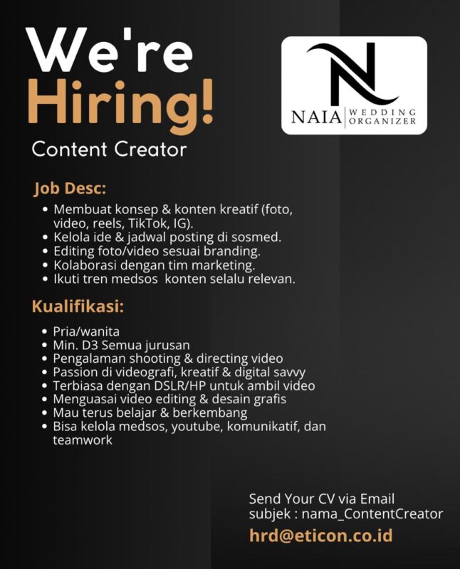 Lowongan Kerja Content Creator di Naia Wedding Organizer - LokerJogja.ID