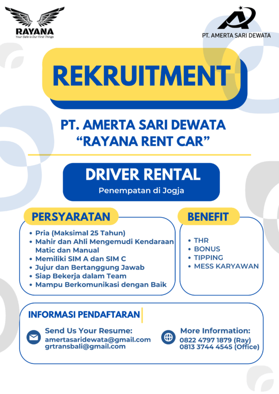 Lowongan Kerja Driver Rental di Rayana Rent Car (PT. Amerta Sari Dewata ...