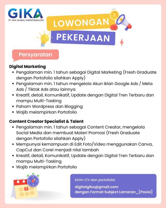 Lowongan Kerja Digital Marketing - Content Creator Specialist & Talent di PT. Gika Global ...