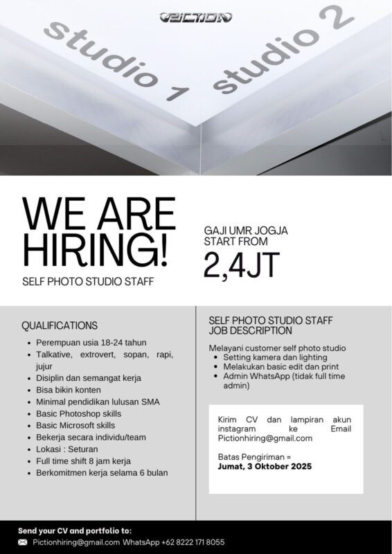 Lowongan Kerja Self Photo Studio Staff di Piction Studio - LokerJogja.ID