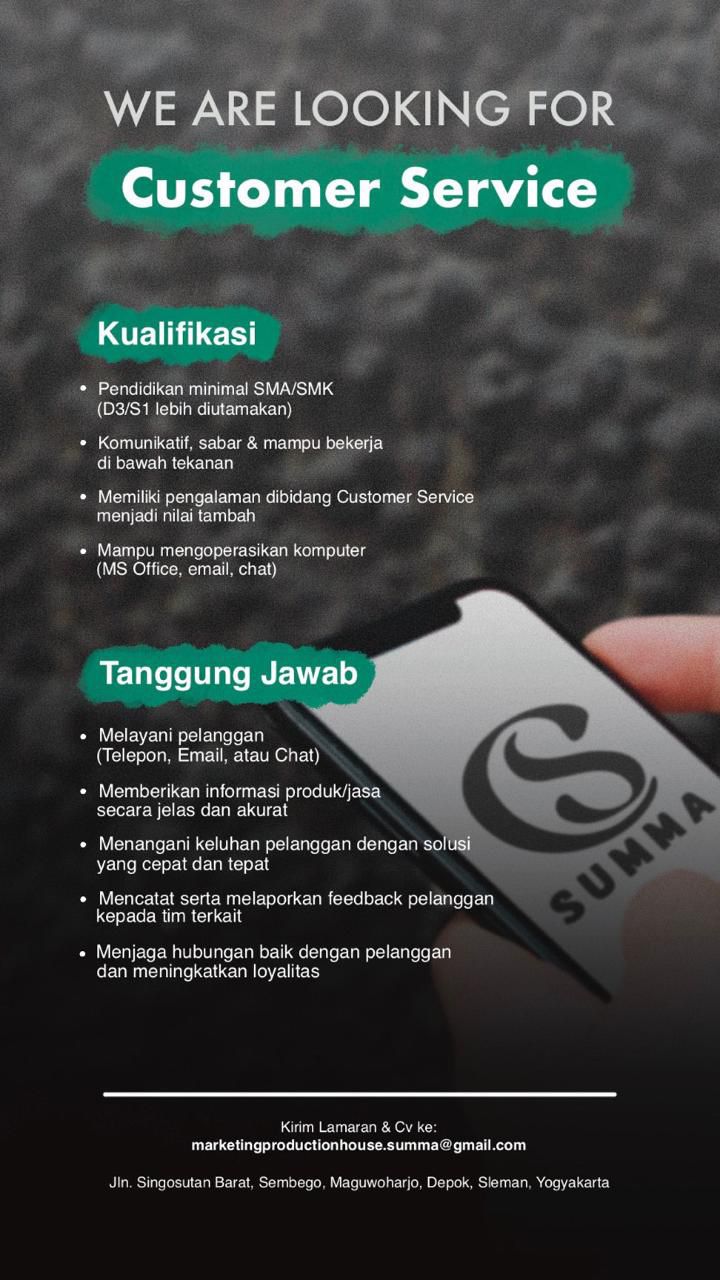 Lowongan Kerja Customer Service di Summa Production House - LokerJogja.ID