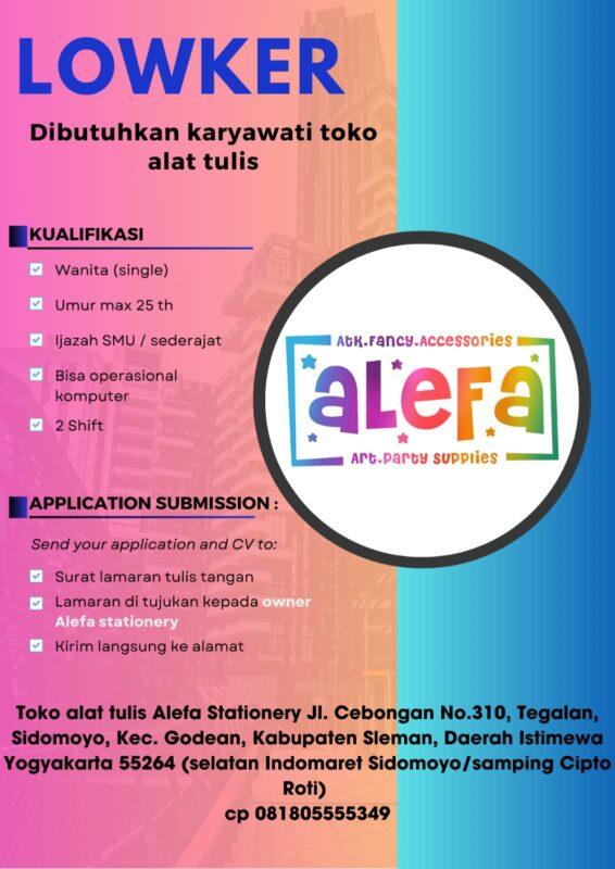 Lowongan Kerja Karyawati di Toko Alat Tulis Alefa - LokerJogja.ID
