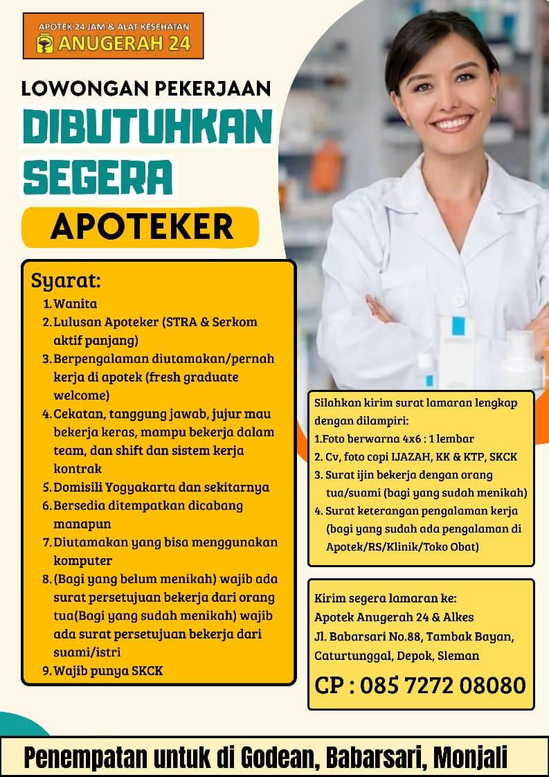 Lowongan Kerja Apoteker - Asisten Apoteker di Apotek & Alat Kesehatan ...