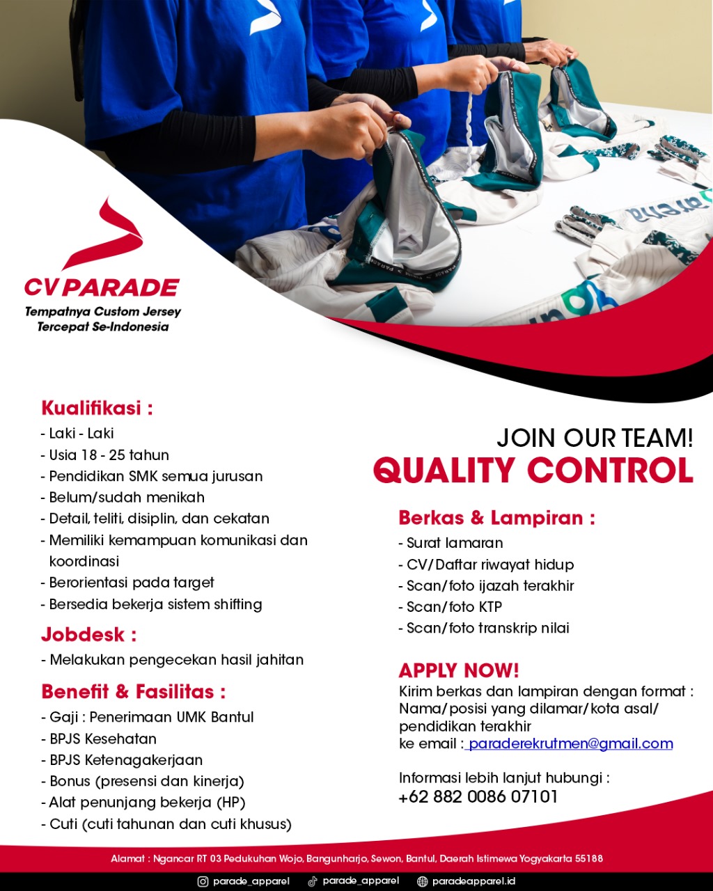 Lowongan Kerja Quality Control di CV. Parade Factory AB - LokerJogja.ID