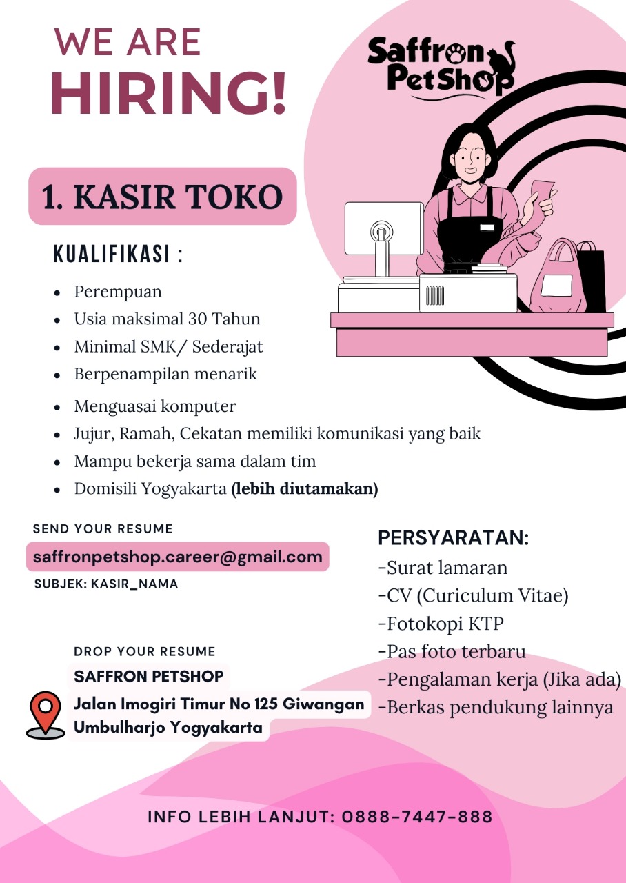 Lowongan Kerja Kasir Toko di CV. Rezeki Cinta Satwa (Saffron Petshop ...