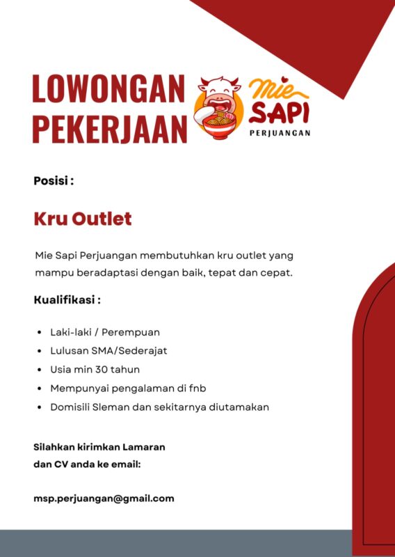 Lowongan Kerja Kru Outlet di Mie Sapi Perjuangan - LokerJogja.ID