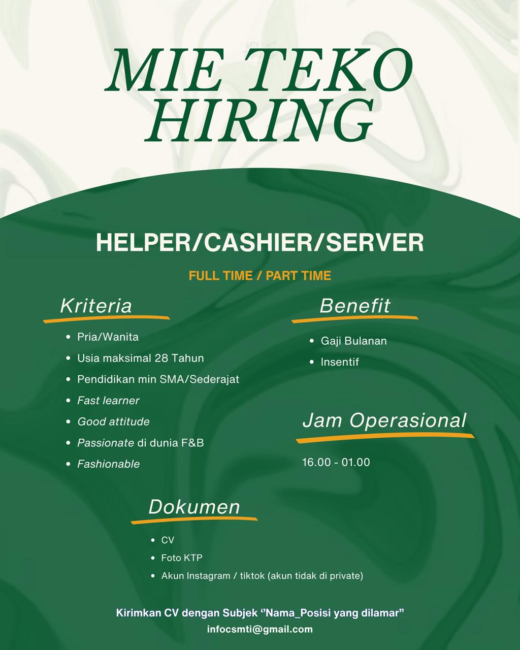 Lowongan Kerja Helper / Cashier / Server di Mie Teko Indonesia ...