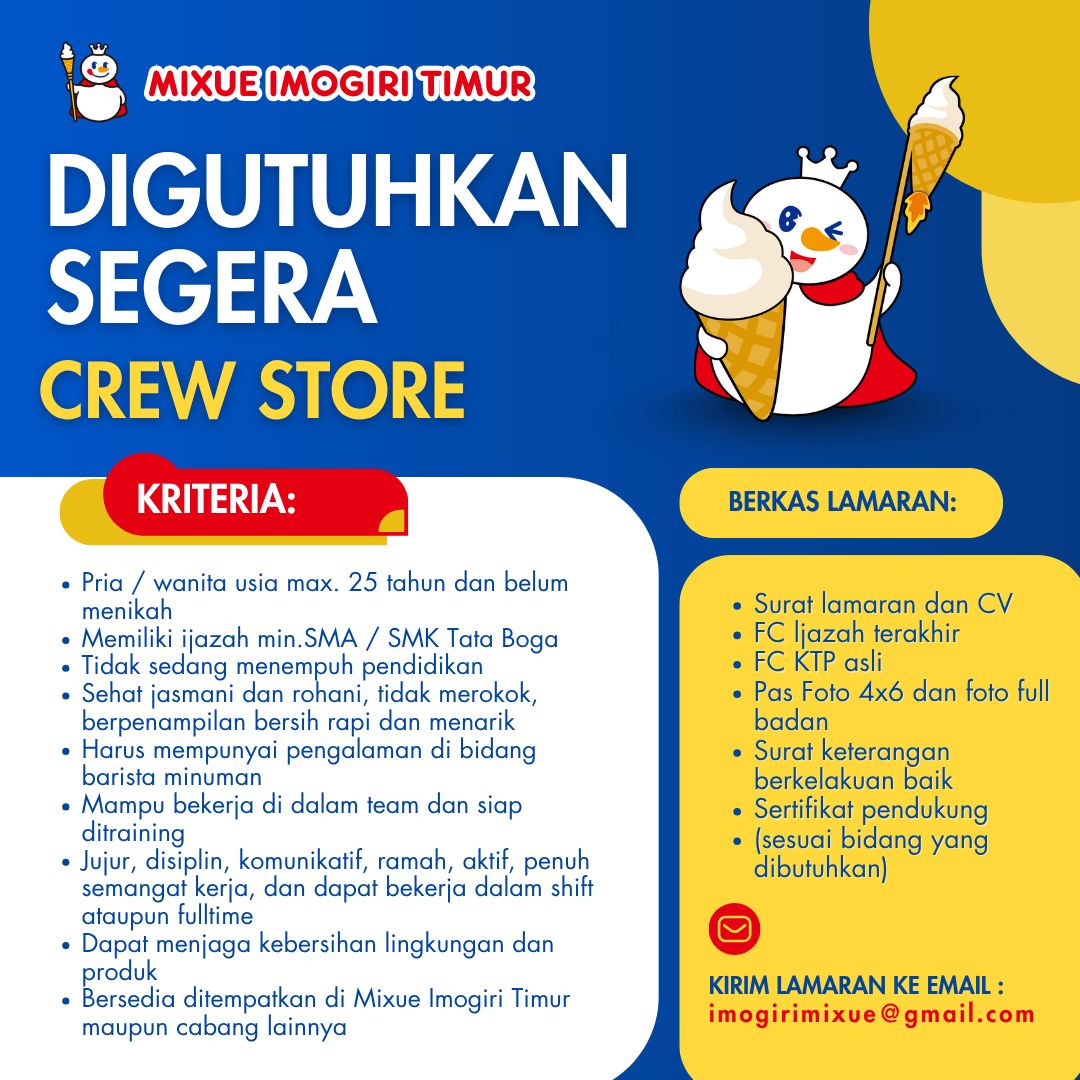 Lowongan Kerja Crew Outlet di Mixue Imogiri Timur - LokerJogja.ID