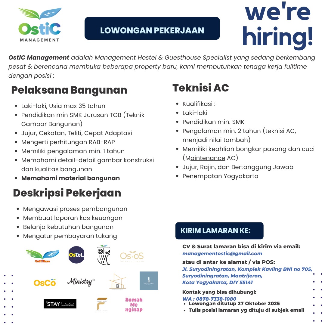 Lowongan Kerja Pelaksana Bangunan - Teknisi AC di OstiC Management ...