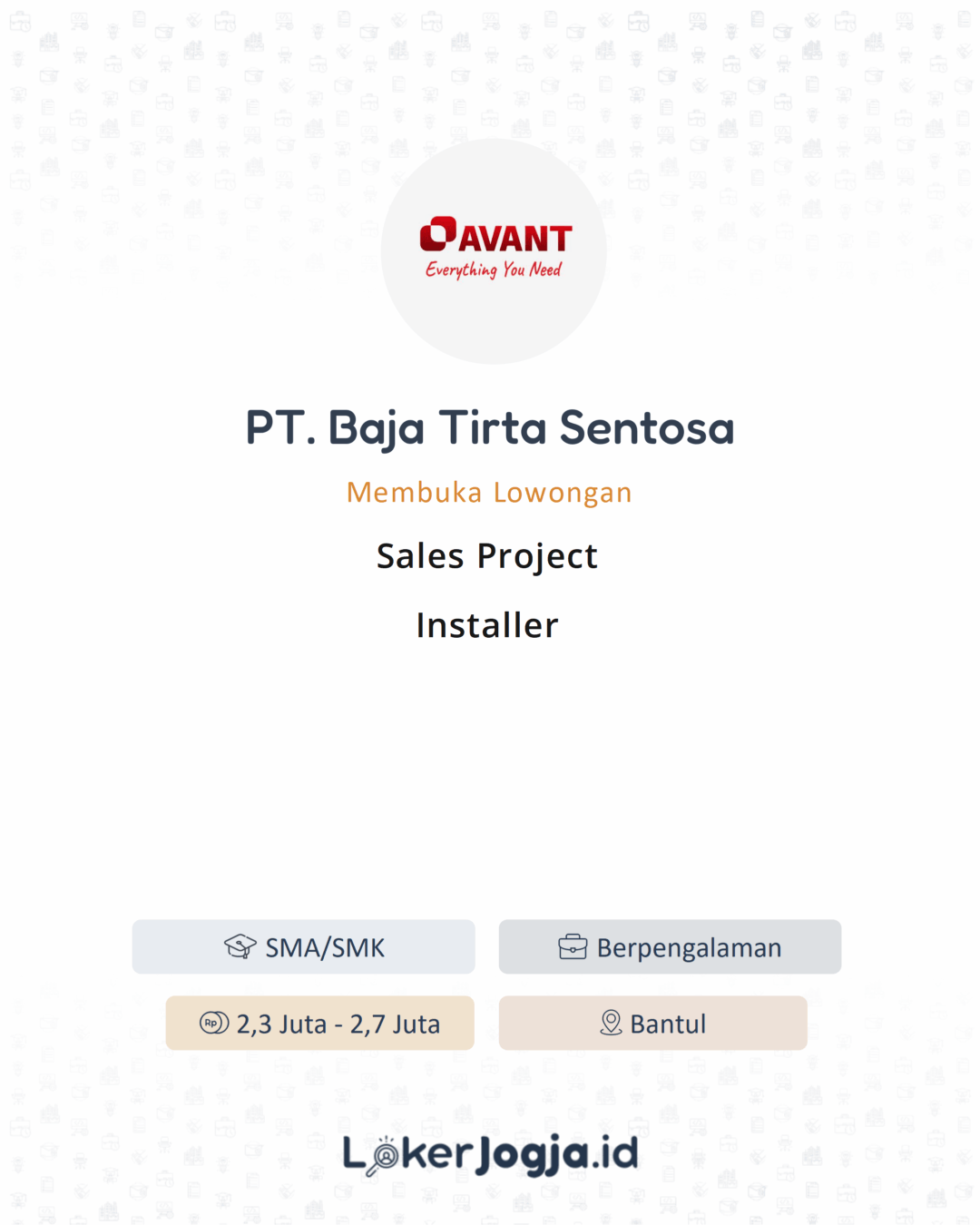 Lowongan Kerja Sales Project - Installer di PT. Baja Tirta Sentosa ...