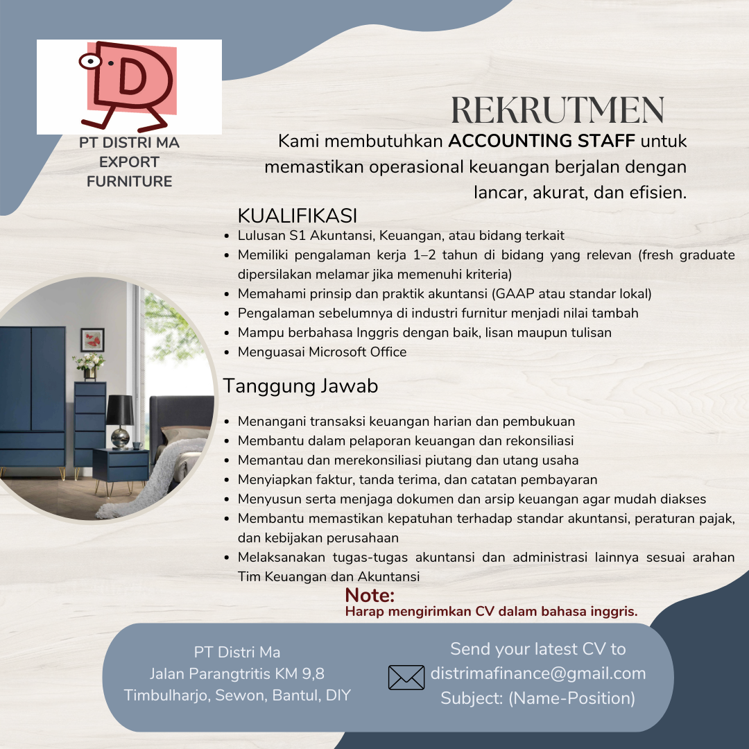 Lowongan Kerja Accounting Staff di PT. Distri Ma Export Furniture ...