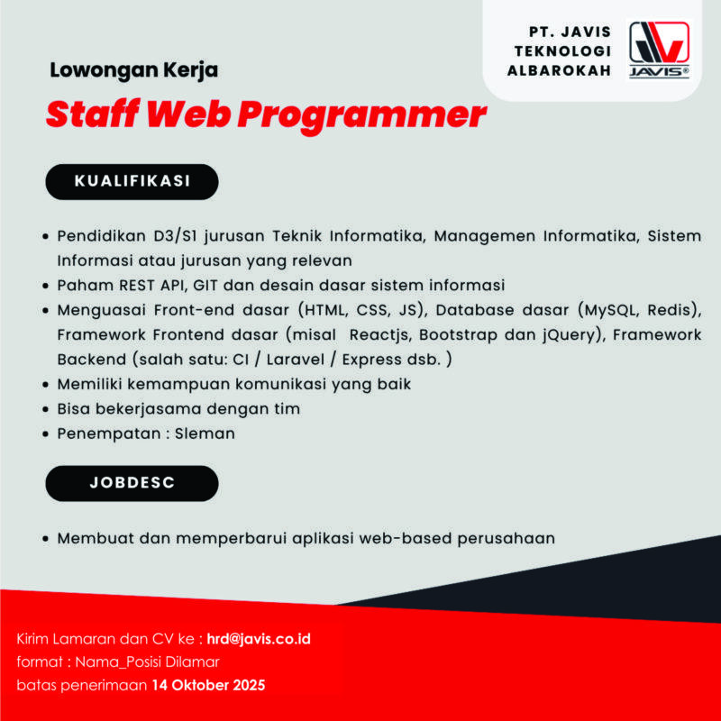 Lowongan Kerja Staff Web Programmer di PT. Javis Teknologi Albarokah - LokerJogja.ID