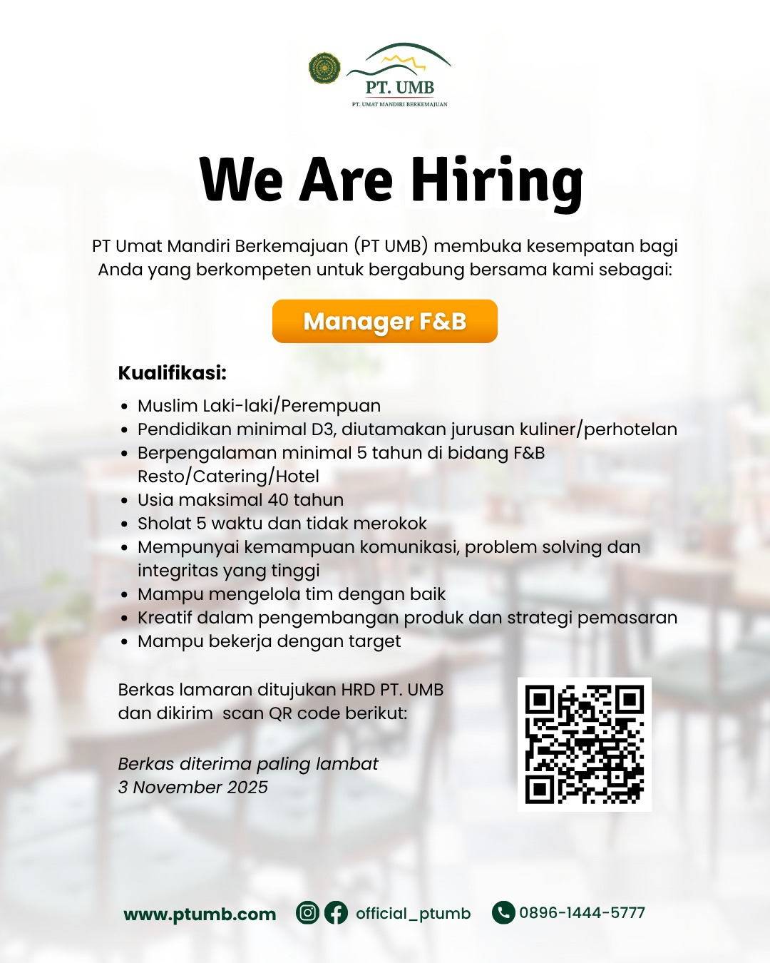 Lowongan Kerja Manager F&B - Manager Cafe - Head Chef di PT. Umat ...