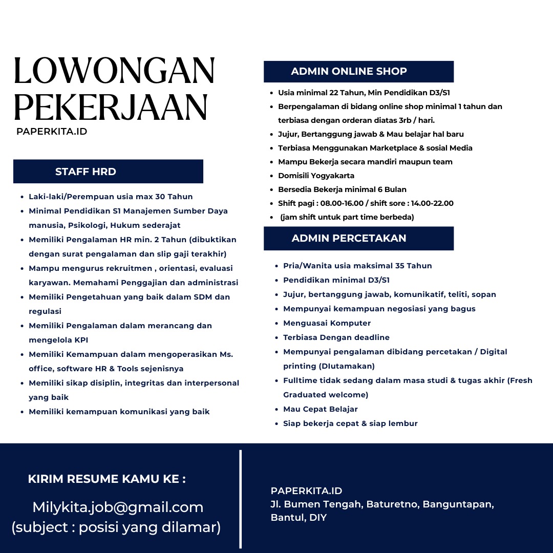Lowongan Kerja Staff HRD - Admin Online Shop - Admin Percetakan di ...