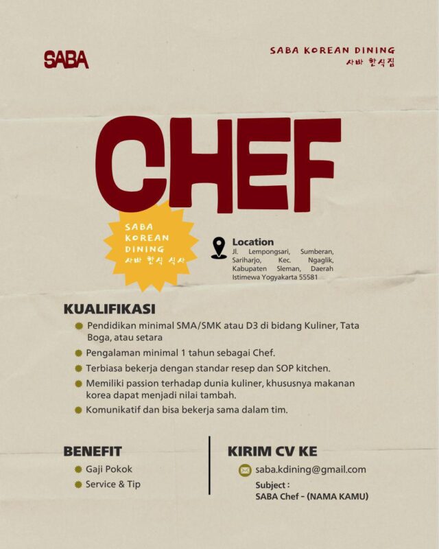 Lowongan Kerja Commis Chef - Cook - Pastry Chef di SABA Korean Dining - LokerJogja.ID