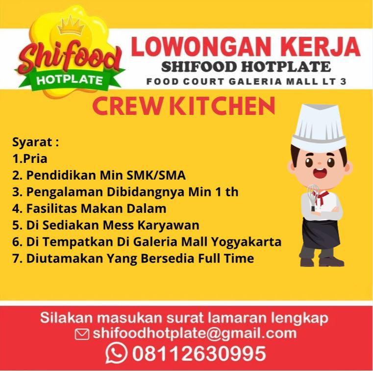 Lowongan Kerja Crew Kitchen di Shifood Hotplate - LokerJogja.ID