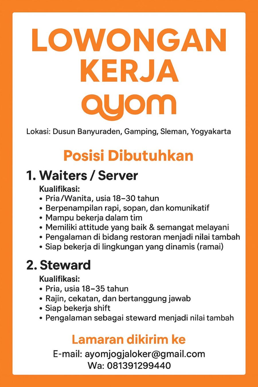 Lowongan Kerja Waiters / Server - Steward di Ayom Jogja - LokerJogja.ID
