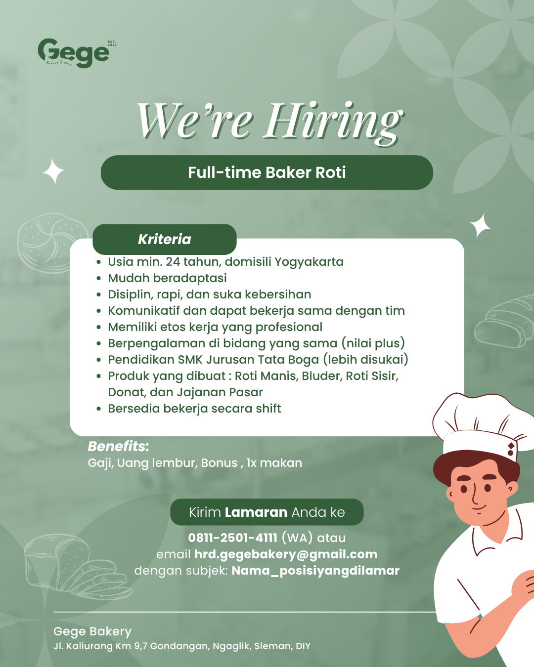 Lowongan Kerja Full Time Baker Roti di Gege Bakery - LokerJogja.ID