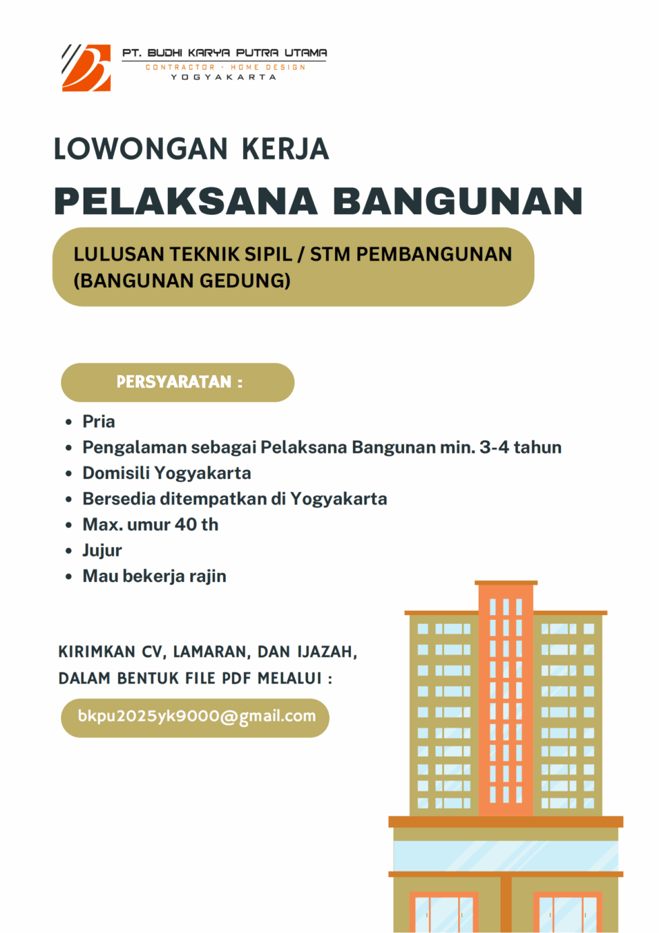 Lowongan Kerja Pelaksana Bangunan di PT. Budhi Karya Putra Utama ...