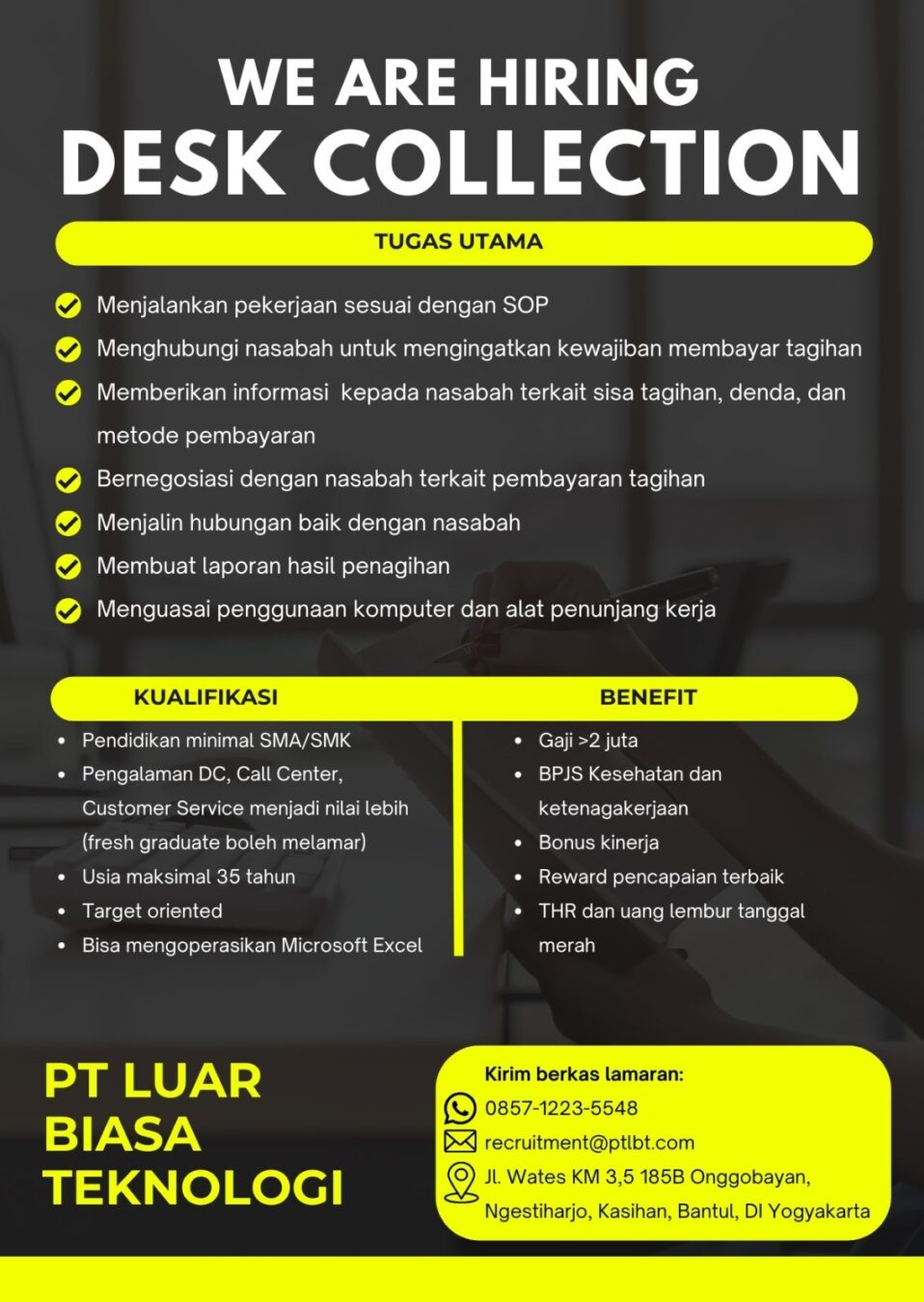 Lowongan Kerja Desk Collection di PT. Luar Biasa Teknologi - LokerJogja.ID