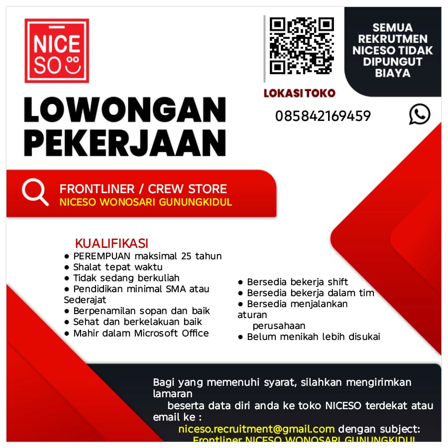 Lowongan Kerja Frontliner / Crew Store di PT. Niceso Sukses Indonesia ...