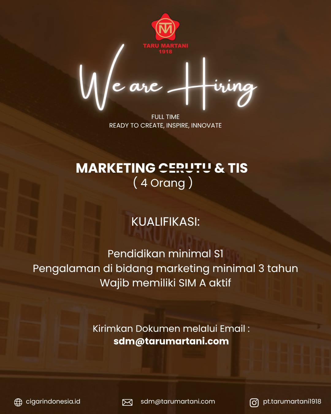 Lowongan Kerja Marketing Cerutu & TIS - Barista PT. Taru Martani ...