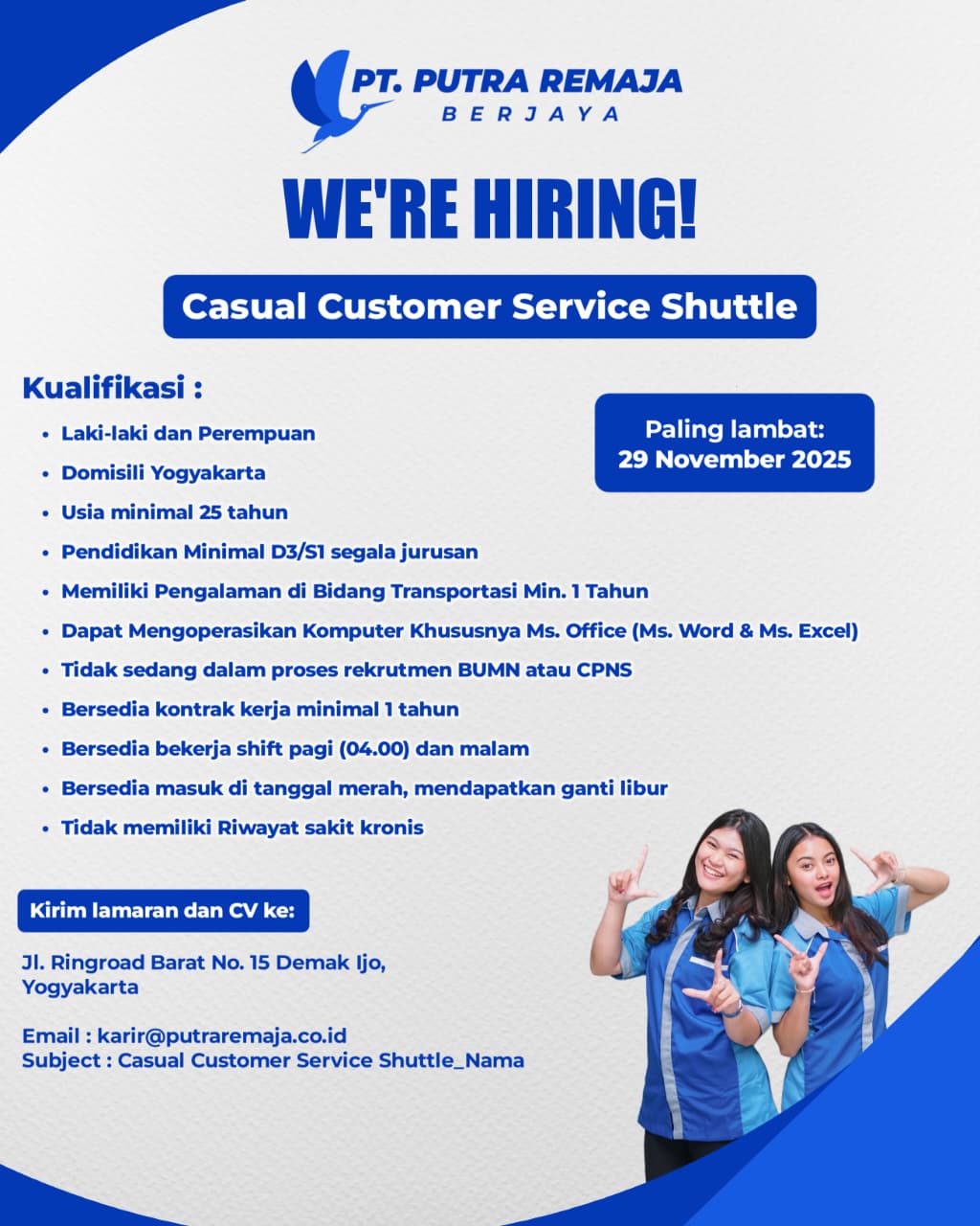 Lowongan Kerja Casual Customer Service Shuttle di PT. Putra Remaja ...