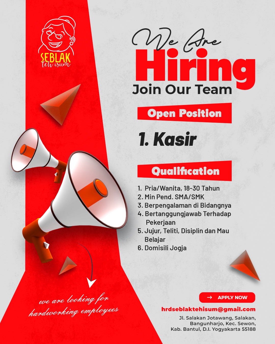 Lowongan Kerja Kasir - HRD di Seblak Teh Isum - LokerJogja.ID