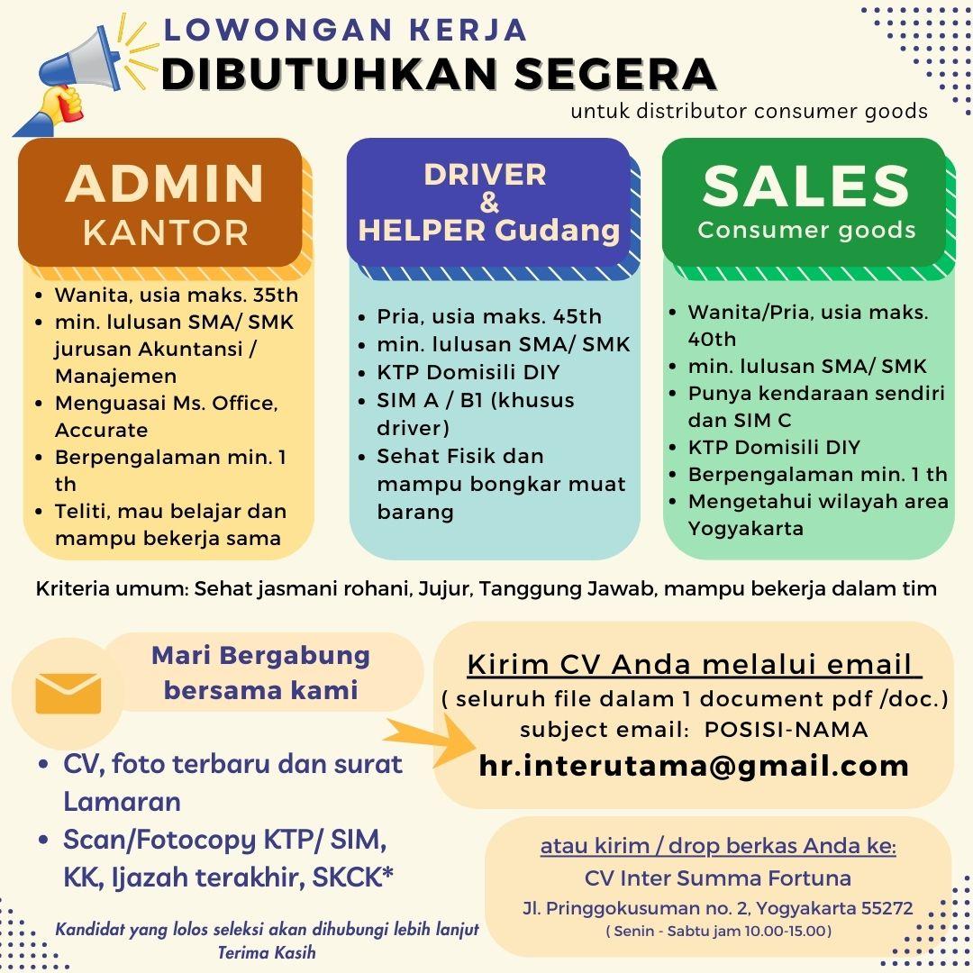 Lowongan Kerja Admin - Sales - Driver - Helper Gudang di CV. Inter ...