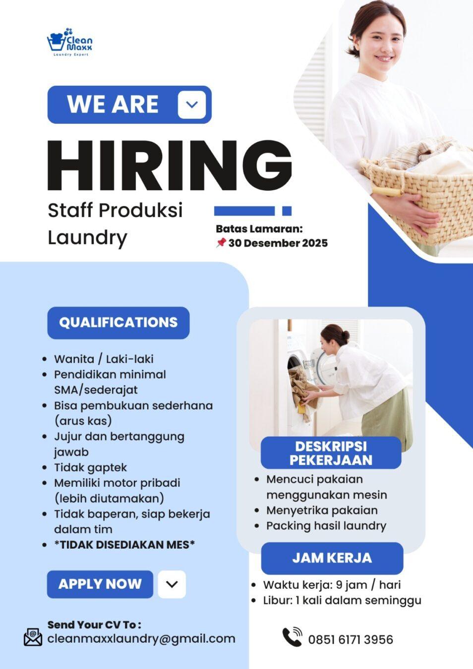Lowongan Kerja Staff Produksi Laundry di Cleanmaxx Laundry - LokerJogja.ID