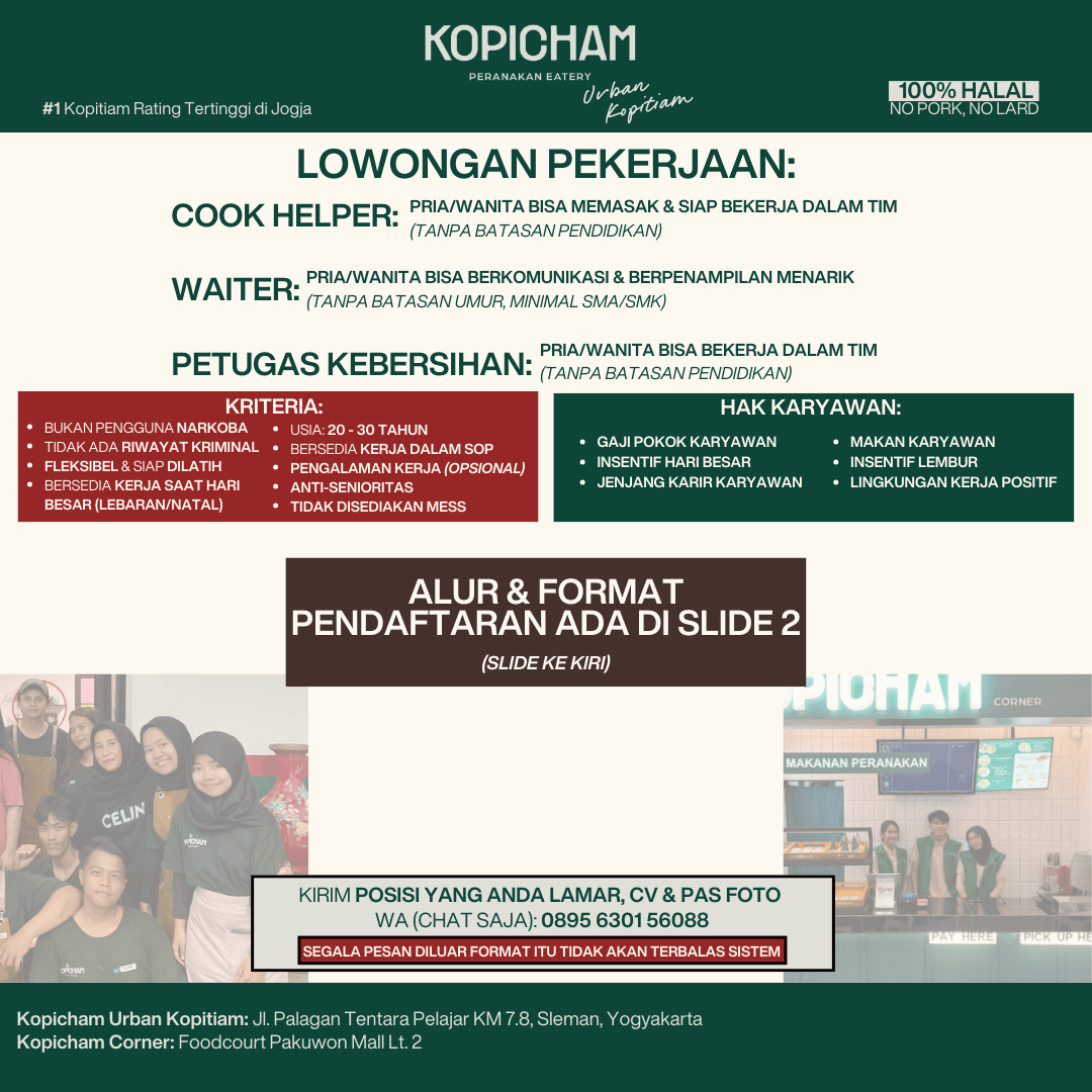 Lowongan Kerja Cook Helper - Waiter - Petugas Kebersihan di Kopicham ...