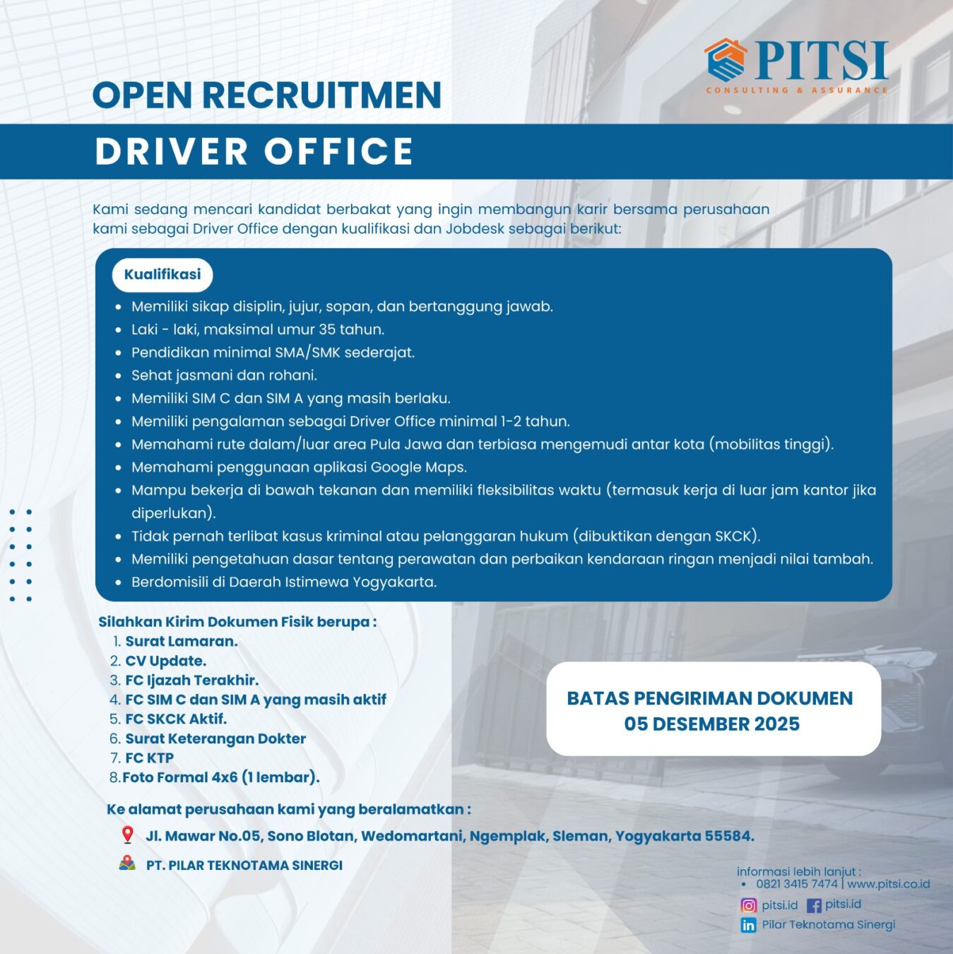 Lowongan Kerja Driver Office di PT. Pilar Teknotama Sinergi - LokerJogja.ID